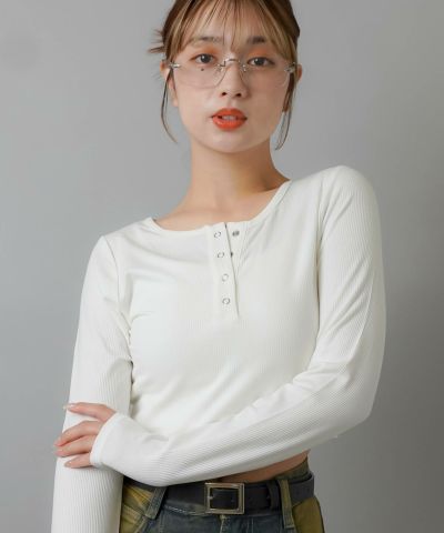 80%OFF】着回ししやすい!ショート丈長袖カットソー/ヘンリー 80%OFF】着回ししやすい!ショート丈長袖カットソー/ヘンリー